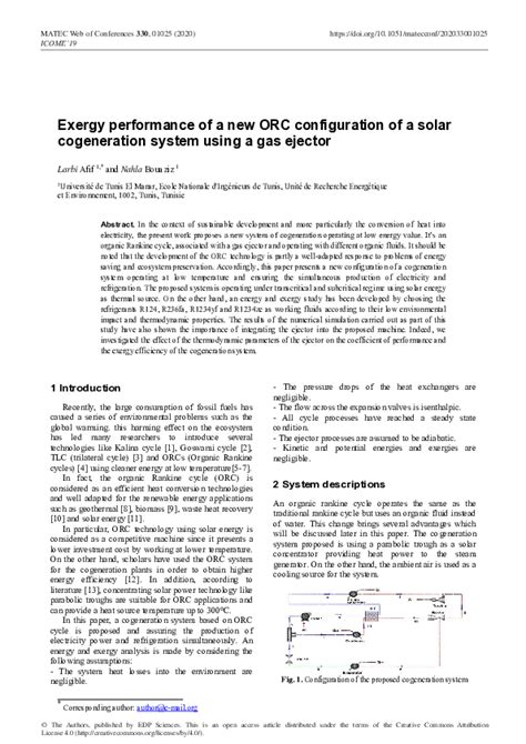 Pdf Exergy Performance Of A New Orc Configuration Of A Solar Cogeneration System Using A Gas