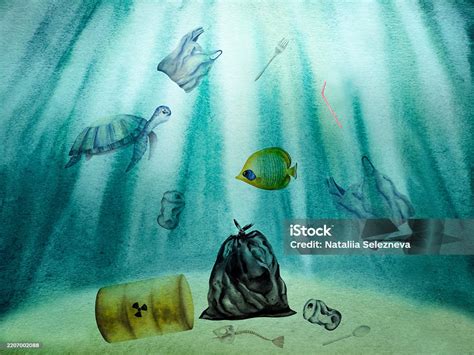수중 바다 쓰레기가 있는 바다의 햇빛 바다 거북 쓰레기로 가득 찬 비닐 봉지 녹슨 기름통 구겨진 알루미늄 캔 수채화 손으로 그린 그림이 배경에 고립되어 있습니다 재활용 환경