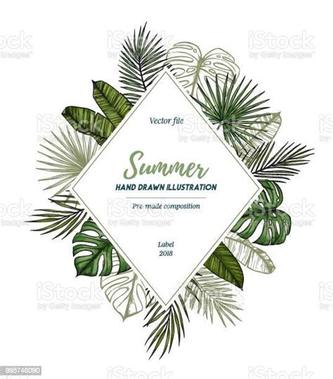 여름 열 대 이국적인 템플릿입니다 손바닥으로 레이블 잎 손으로 그린 벡터 일러스트 레이 션 인쇄 포스터 초대장 등 포장에 대 한 완벽 한 열대 기후에 대한 스톡 벡터 아트