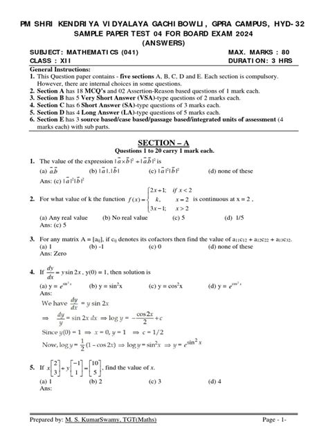 Maths Class Xii Sample Paper Test 04 For Board Exam 2024 Answers Download Free Pdf Multiple