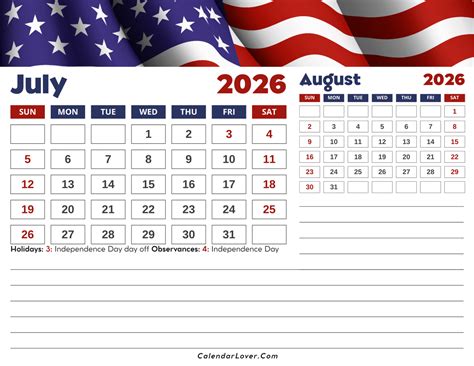 July 2026 Calendar With Holidays United States