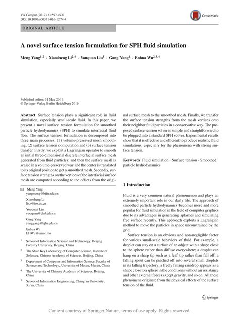 A Novel Surface Tension Formulation For Sph Fluid Simulation Request Pdf
