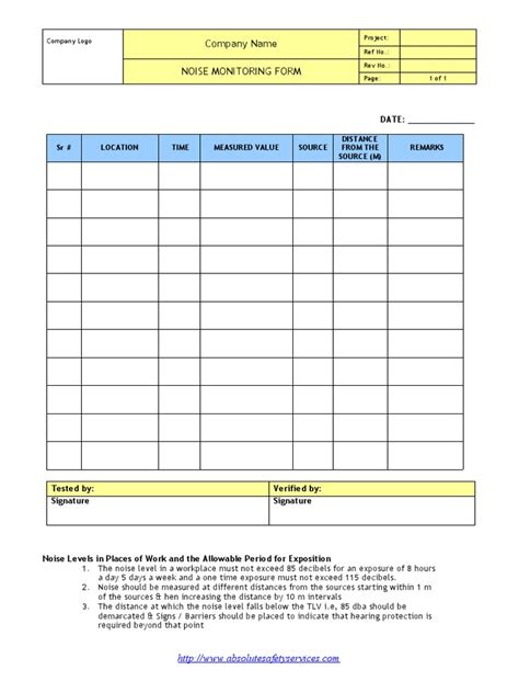 Company Name Noise Monitoring Form Date Pdf