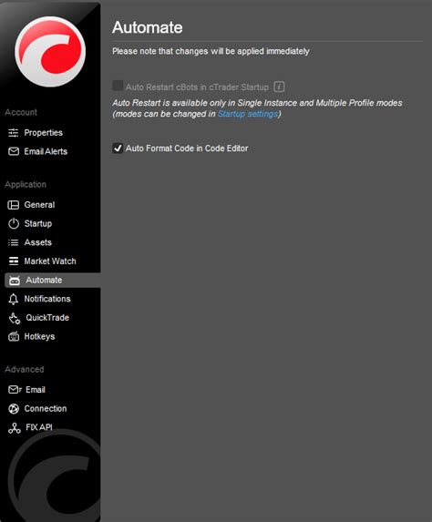 Settings Ctrader