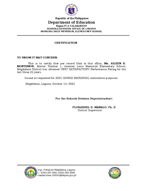 Certification Ipcrf Gawad 2021 Pdf