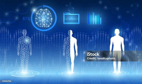 파란 빛 두뇌 및 인체 치유에 있는 추상적인 배경 기술 개념 시험 분석 클론 Dna 인간을 가진 미래 및 세계적인 국제 의학에 있는 기술 현대 의학 Dna에 대한 스톡 벡터