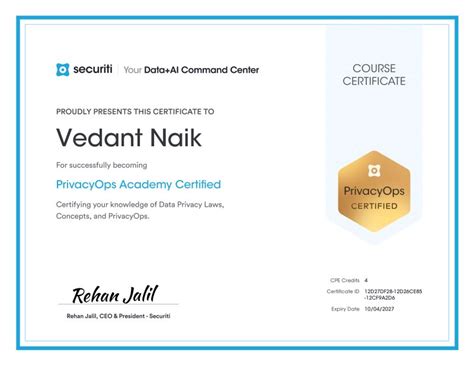 Privacyops Dataprivacy Certification Securiti Privacymanagement… Vedant Naik