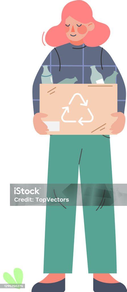 플라스틱 쓰레기로 가득 찬 골판지 상자를 들고있는 여성 만화 스타일 벡터 일러스트레이션을 재활용하기 위해 쓰레기를 모으는 사람들 개념에 대한 스톡 벡터 아트 및 기타 이미지