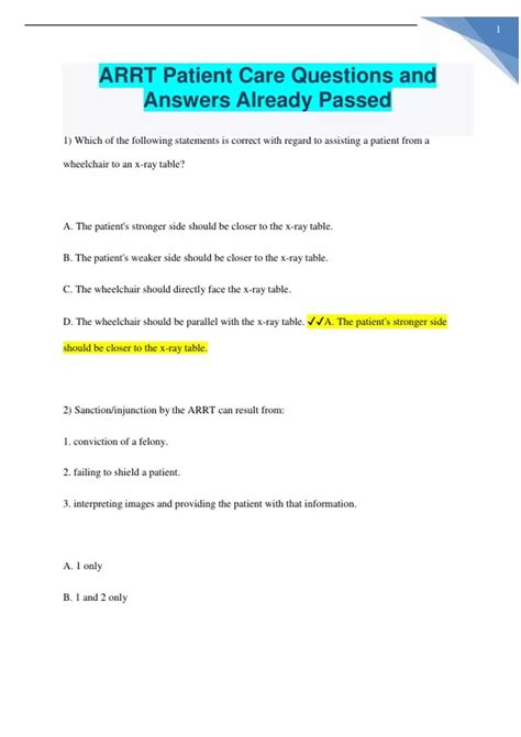 ARRT Patient Care Questions And Answers Already Passed Arrt Stuvia US