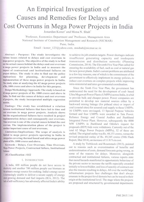 Pdf An Empirical Investigation Of Causes And Remedies For Delays And Cost Overruns In Mega