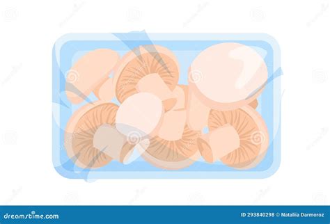 Mushrooms In Plastic Tray Styrofoam Rectangle Container With Wrap And Whole Champignons Stock