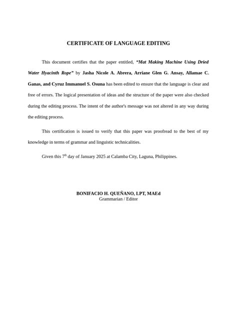 Certificate Of Language Editing Pdf