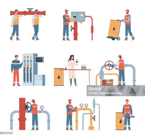 석유 산업 노동자 가스 및 석유 노동자 문자 유니폼 전문 엔지니어 화학 직원 파이프 라인 유지 보수 기술 검사 벡터 절연 세트 검사 보기에 대한 스톡 벡터 아트 및 기타