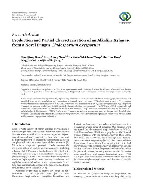 Pdf Production And Partial Characterization Of An Alkaline Xylanase From A Novel Fungus