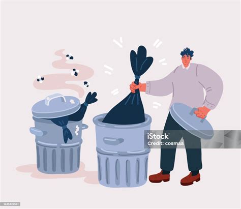 쓰레기 행동의 벡터 그림입니다 쓰레기 더미를 버리는 남자 컨테이너에 쓰레기를 버리는 남자의 그림 악취 쓰레기 쓰레기 가정 생활에 대한 스톡 벡터 아트 및 기타 이미지