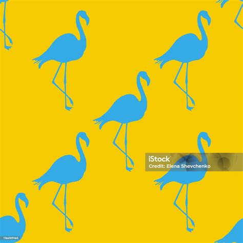 원활한 플라밍고 패턴 벡터 일러스트레이션 파란색 플라밍고 패턴 노란색 배경입니다 여름 배경 화면 배경 만화 벡터 일러스트 레이션