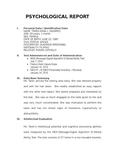 Psychological Report I Personal Data Identification Data Pdf