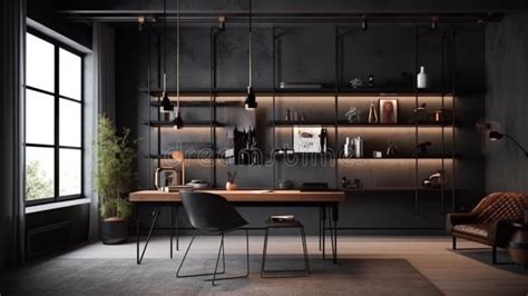 Interior Modern Living Room Workspace With Desk And Desktop Computer Generative Ai Stock