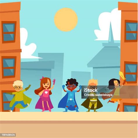 용감한 영웅 포즈 만화 스타일로 야외에 서있는 어린이 슈퍼 히어로 팀 초영웅에 대한 스톡 벡터 아트 및 기타 이미지 초영웅