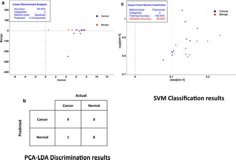 a pca lda discrimination results b pca lda confusion matrix c svm