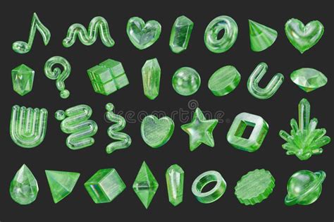 Green Emerald Element Object Set Pack Isolated Background 3d Rendering