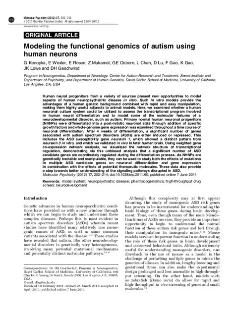 Pdf Modeling The Functional Genomics Of Autism Using Human Neurons Eric Wexler