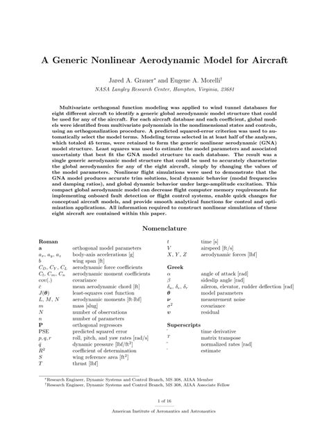PDF A Generic Nonlinear Aerodynamic Model For Aircraft