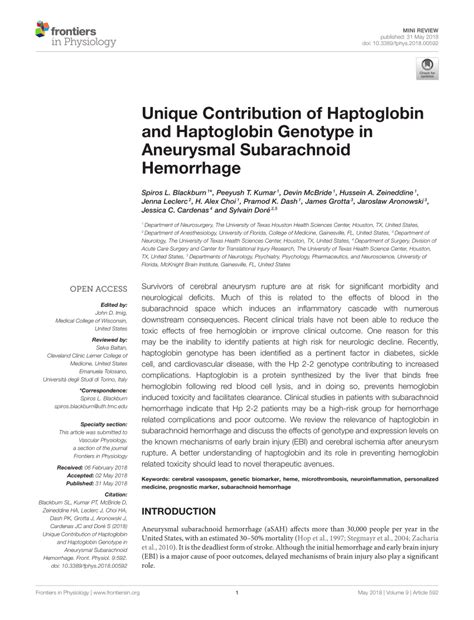 Pdf Unique Contribution Of Haptoglobin And Haptoglobin Genotype In Aneurysmal Subarachnoid