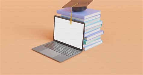 베이지색 배경에 눈금 모자가 있는 책 더미 근처에 빈 화면이 있는 현대 노트북의 3d 그림 사진 Unsplash의 랩톱 이미지
