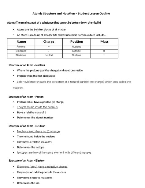 Atomic Structure And Notation Copy Of Student Lesson Outline Atomic
