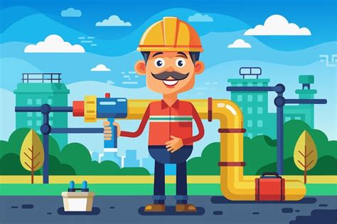 A Cheerful Worker With A Mustache Holds A Tool While Overseeing Pipeline Maintenance In A City