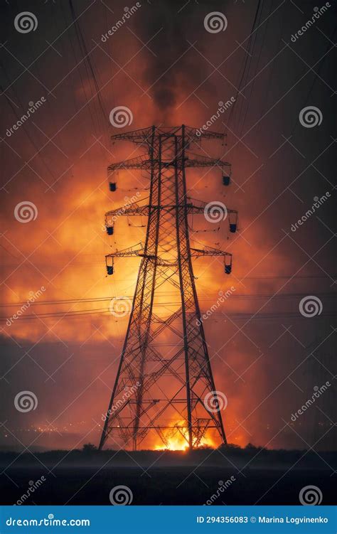 High Voltage Power Lines In A Fire Electricity Distribution Station Stock Illustration