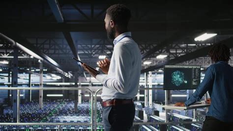 Admin On Data Center Industrial Platform Analyzing Infrastructure Performance Outputs On Tablet