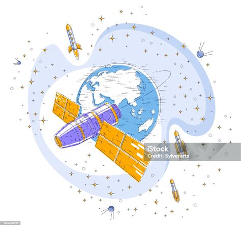 우주 정거장은 지구 우주 비행 로켓 별 및 기타 요소와 태양 전지 패널 인공 위성으로 Iss 우주선의 주위를 궤도 선회 합니다 얇은 라인 3d 벡터 일러스트입니다 군사에