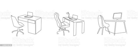 하나의 연속적인 선 그리기에 홈 오피스 인테리어 세트 심플한 선형 스타일의 컴퓨터가 있는 현대적인 작업 테이블과 의자 편집 가능한 스트로크의 원격 작업 개념입니다 낙서 벡터
