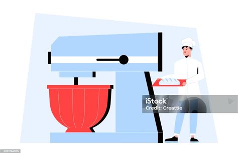 남성 생과자 요리사 큰 스탠드 믹서 평면 벡터 일러스트 레이 션 상징 베이킹 전문 주방 장비 반죽 준비 흰색 배경에 격리 레스토랑에 대한 스톡 벡터 아트 및 기타 이미지