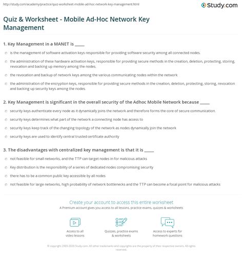 Quiz And Worksheet Mobile Ad Hoc Network Key Management