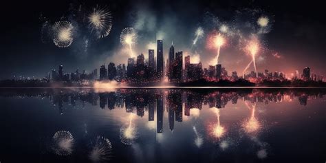 Premium Photo Firework Explode Over City Skyline At Night