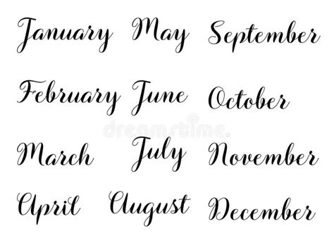 month names cursive typography set handwritten calligraphic outline