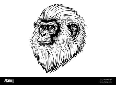 Monkey Head Or Face Hand Drawn Vector Illustration In Engraving Style