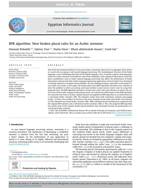 Pdf Bpr Algorithm New Broken Plural Rules For An Arabic Stemmer