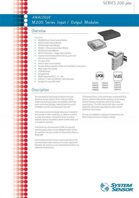 M200 Datasheet - Official Site of System Sensor Europe