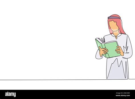 Continuous One Line Drawing Arab Man Focus On Reading Try To Find