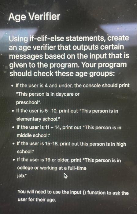 Solved Age Verifier Using If Elif Else Statements Create An Chegg Com