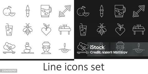 세트 라인 침술 요법 차와 잎 한잔 꿀벌 신선한 스무디 감귤류 과일 심장 및 피펫 아이콘 벡터 건강 검진에 대한 스톡 벡터 아트 및 기타 이미지 Istock