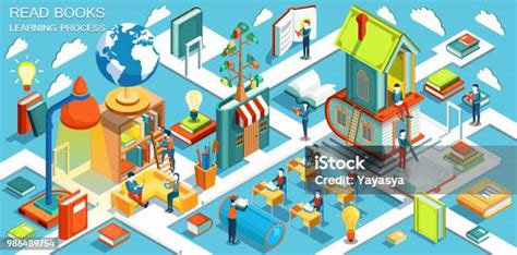 교육 학습 및 도서관에는 교실에서 책을 읽고 개념의 과정 등각 투영 평면 디자인입니다 벡터 일러스트 레이 션 3차원 형태에 대한 스톡 벡터 아트 및 기타 이미지 Istock