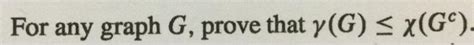 Solved For any graph G prove that γ G χ Gc Chegg