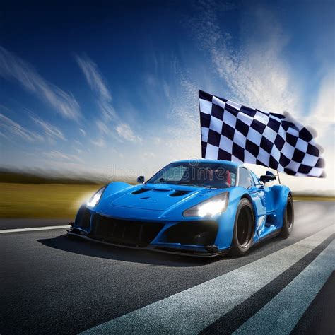 Blue Racing Car And Chequered Flag Blue Racing Car Passing Chequered