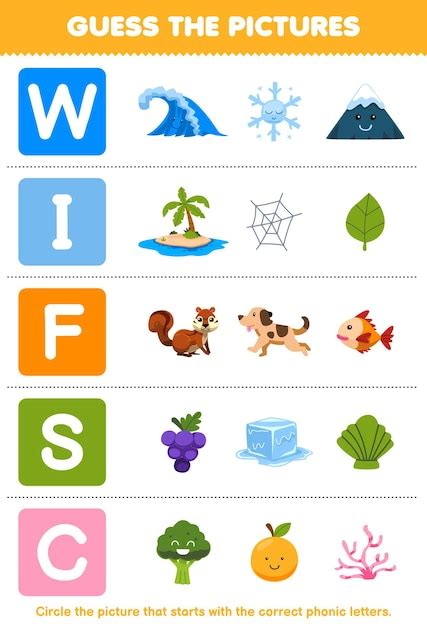 어린이를 위한 교육 게임은 문자 Wifs 및 C 인쇄 가능한 자연 워크시트로 시작하는 음성 단어에 대한 올바른 그림을 추측합니다 프리미엄 벡터