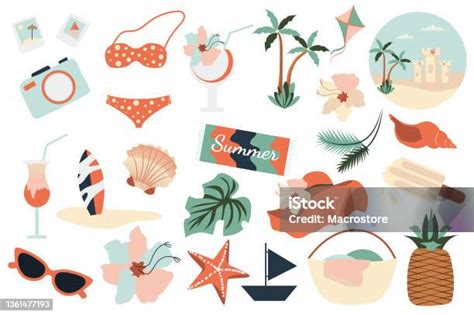 플랫 디자인의 여름 시간 휴식 컬렉션 수영복 모자 칵테일 야자수 선글라스 파인애플 꽃 아이스크림 서핑 보드 및 기타 고립 된 요소 세트 벡터 그림입니다 손으로 그린 스타일